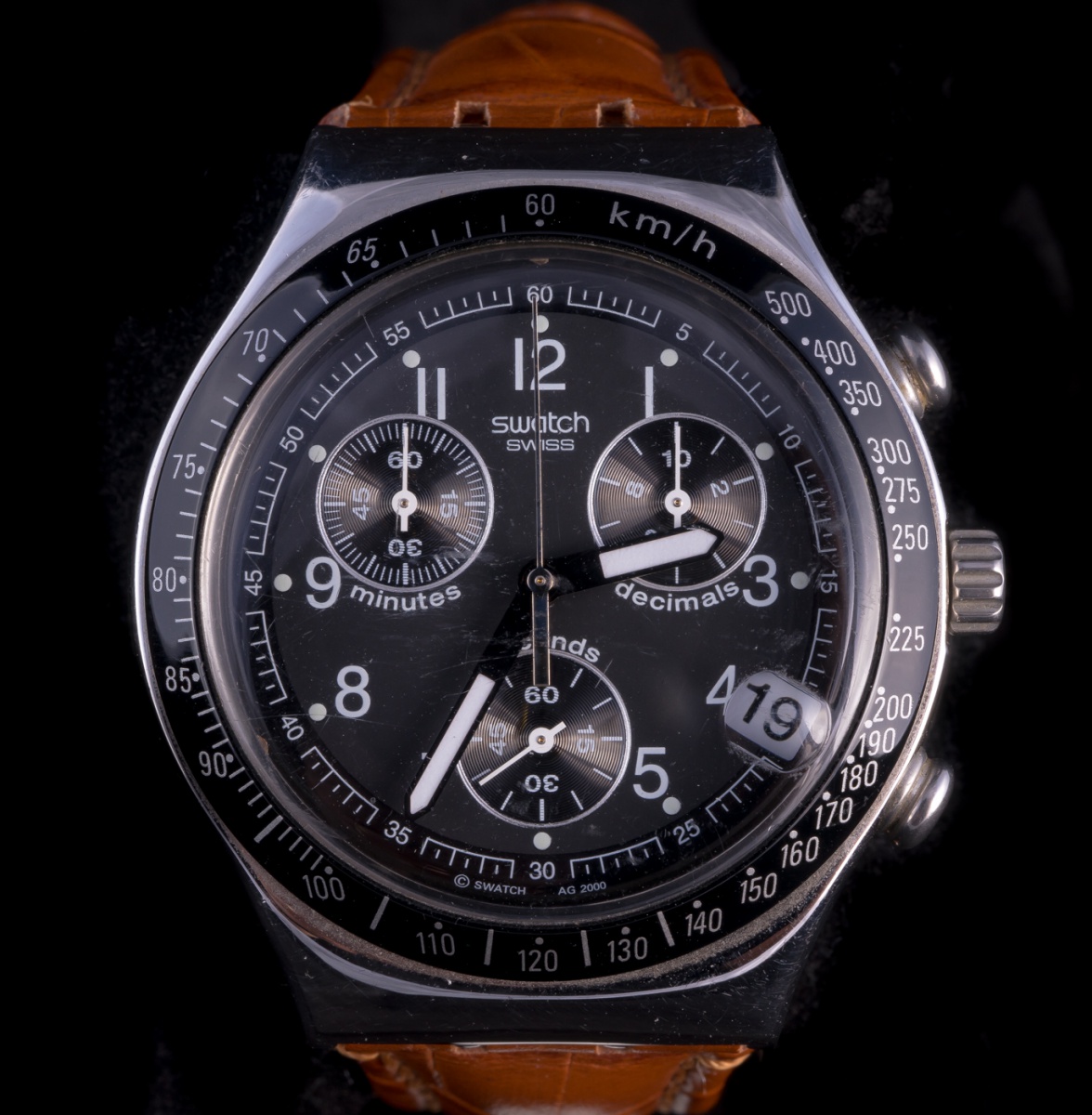 Relógio Swatch, caixa em aço 40 mm, pulseira em couro m